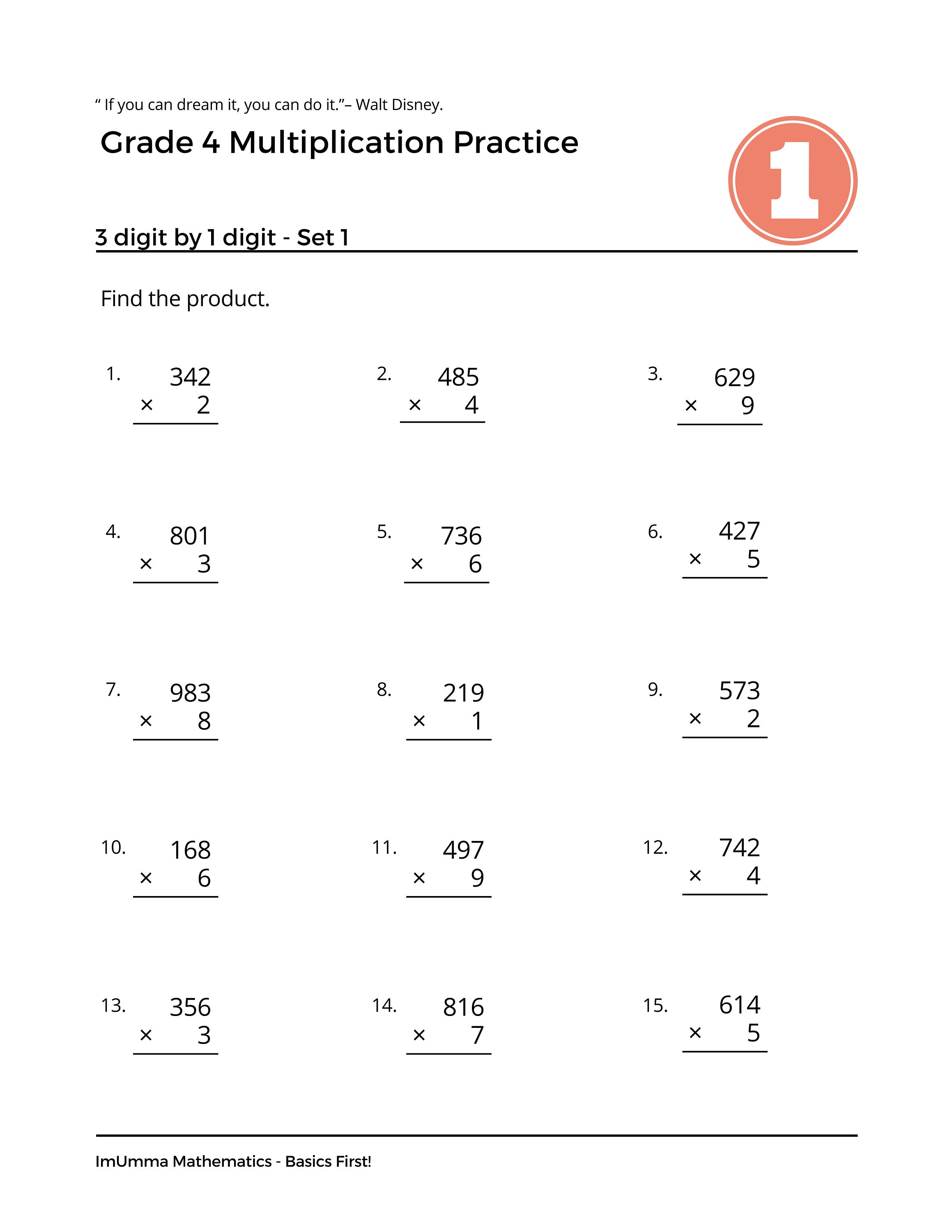 3 Digits by 1 Digit Multiplication, 10 Printable Sets With Answer Key ...