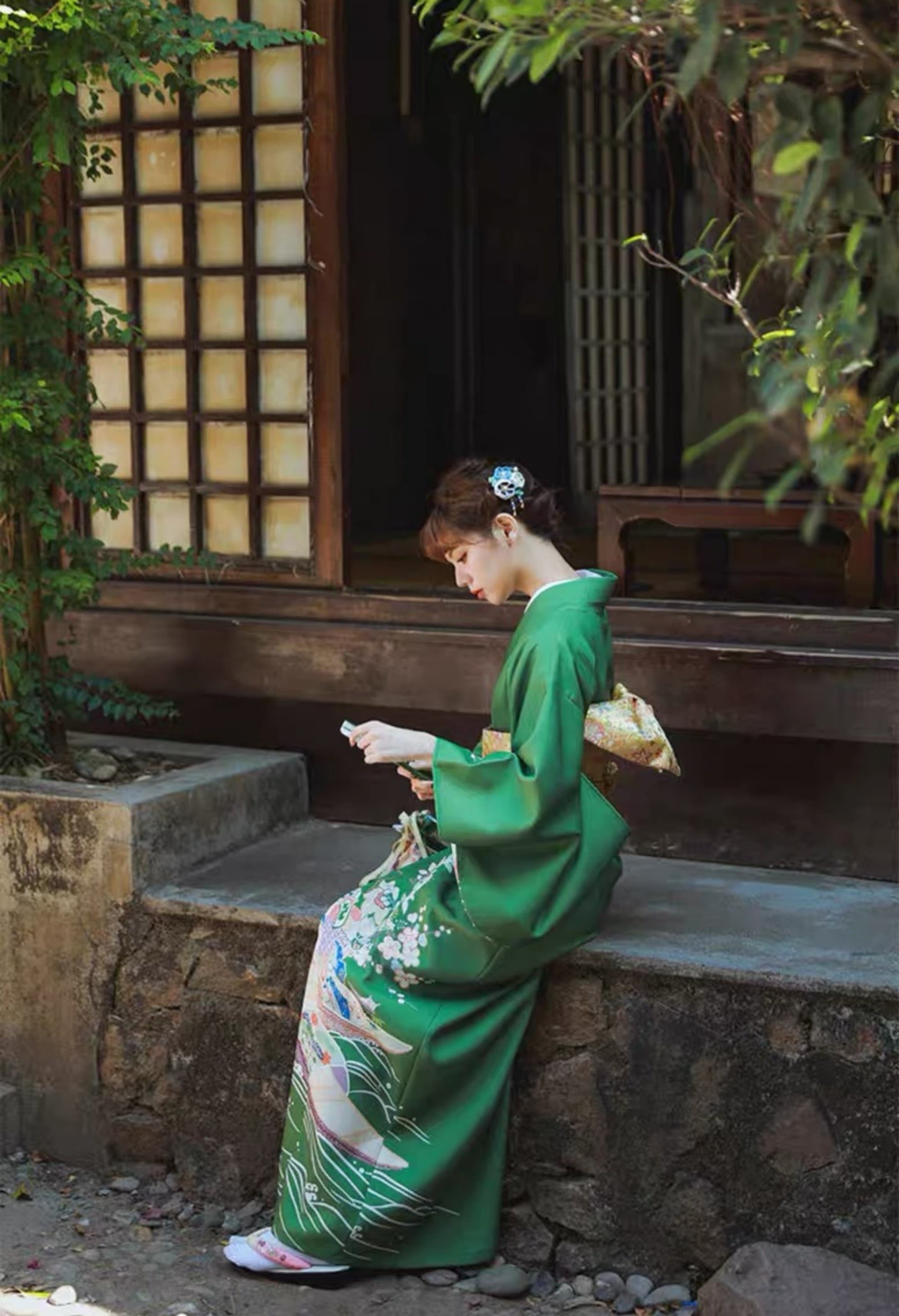 Dark Green Kimono Sakura Season Japanese Women Kimono Kimono - Etsy