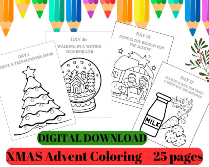 Advent Coloring Pages 25 Pages, Christmas Printables, 25 Days 25 ...