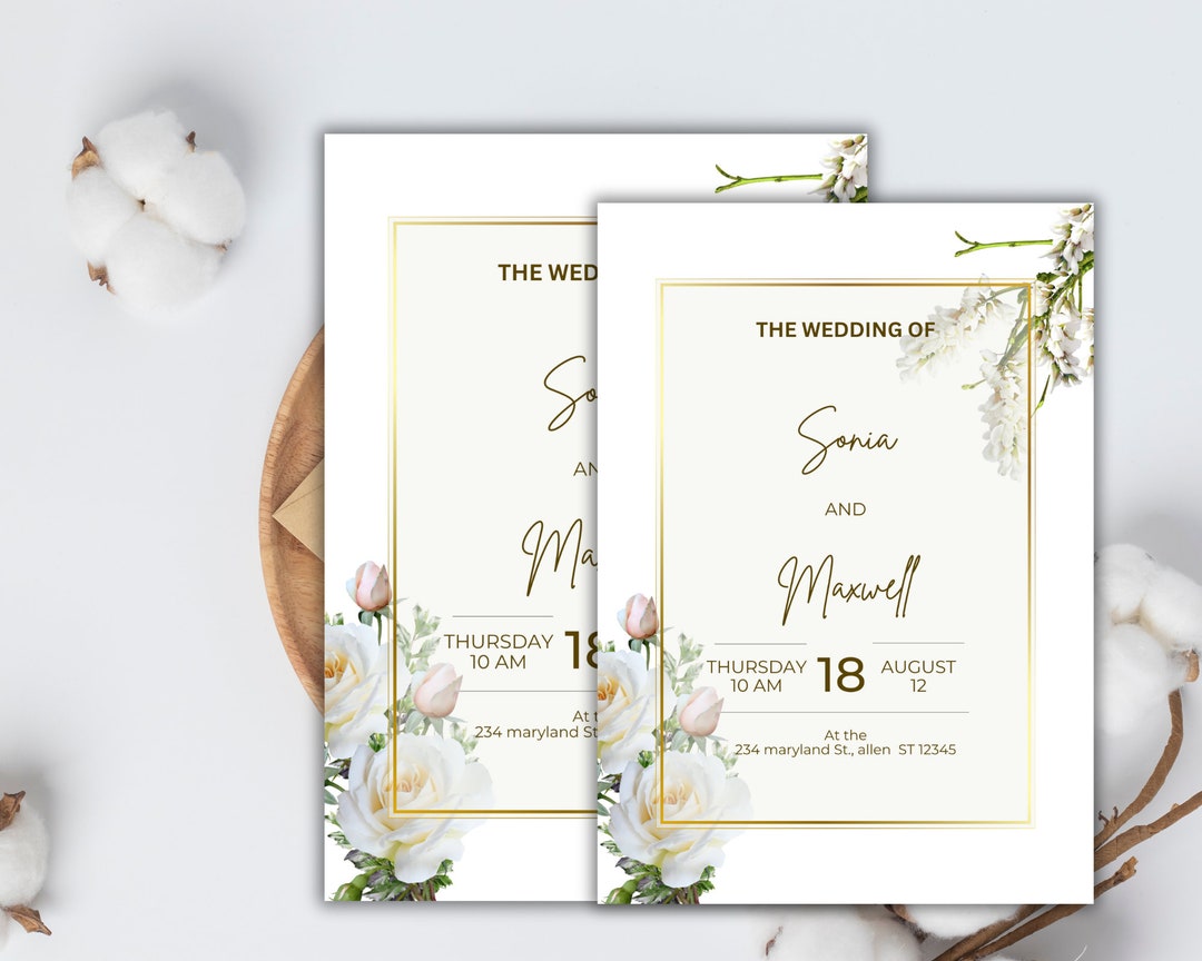 White Minimalist Wedding Invitation Card Floral Wedding - Etsy