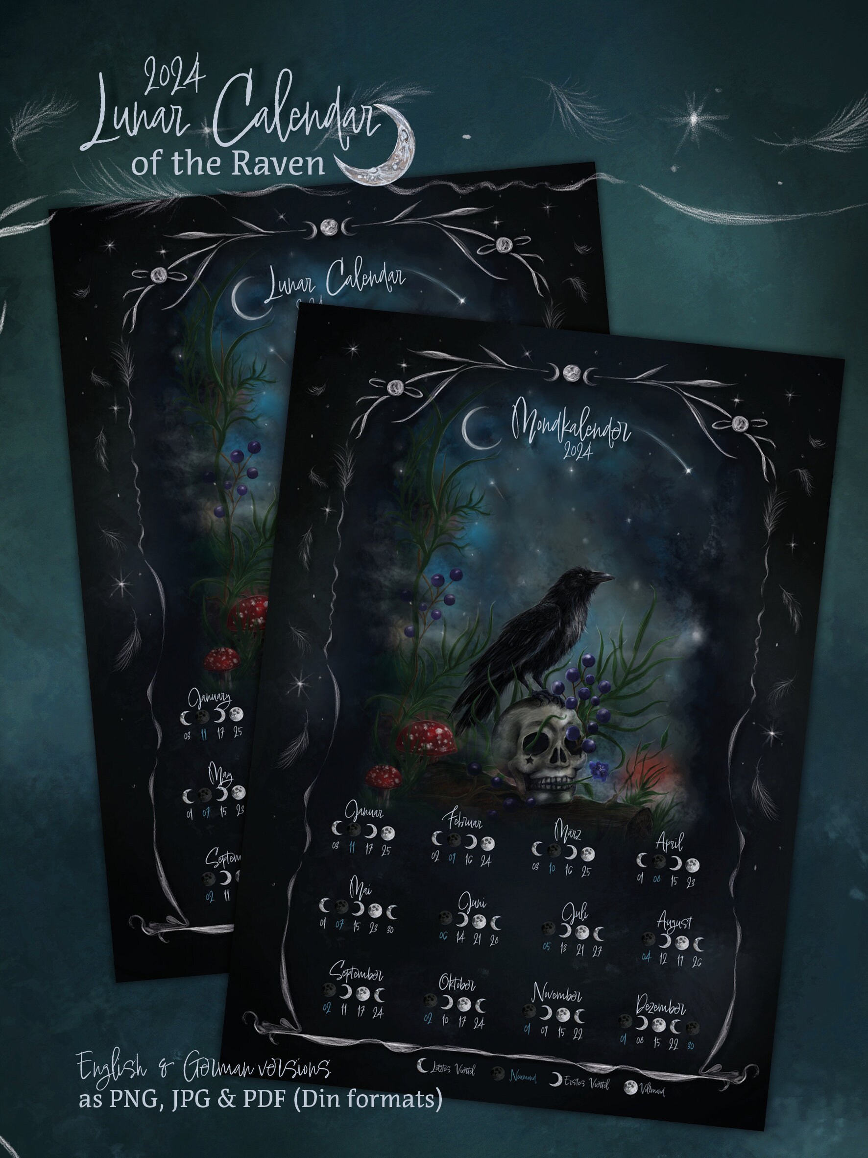 Raven Lunar Calendar 2024 Printable Crow Skull Flower Moon Stars Witch ...