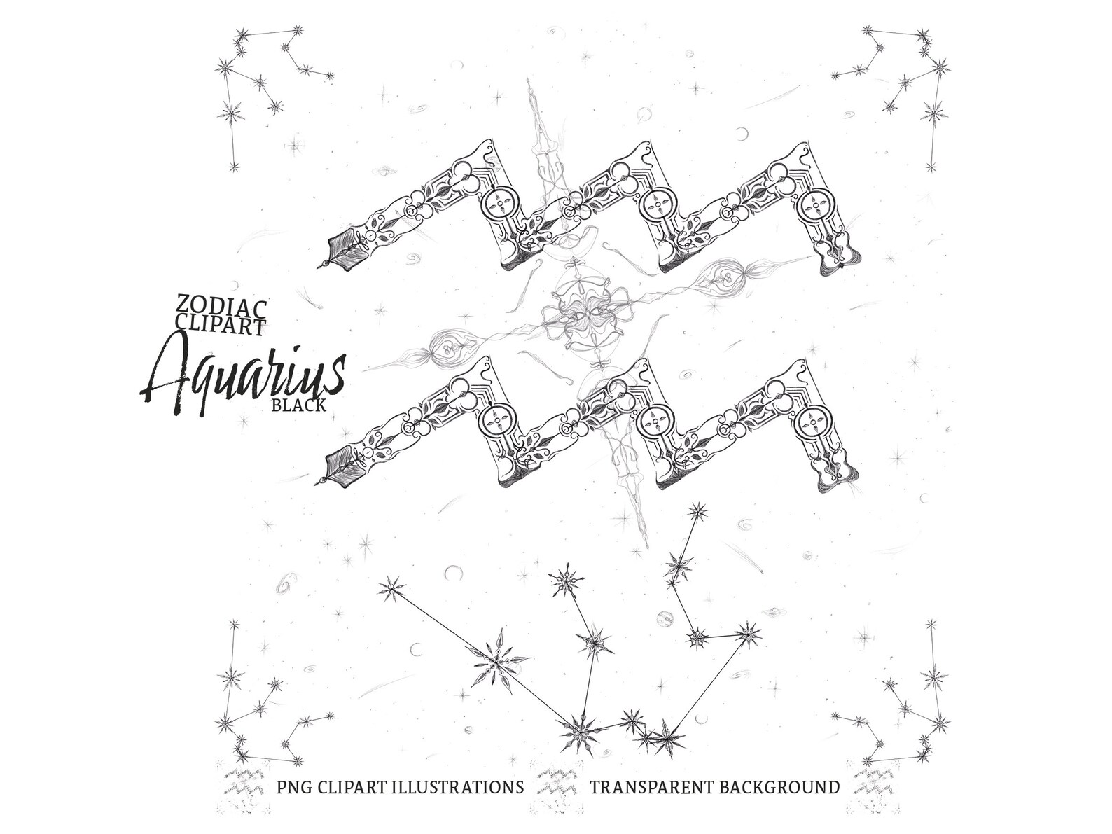 Zodiac & Constellations Clipart Aquarius PNG Vector Symbol Ornaments ...