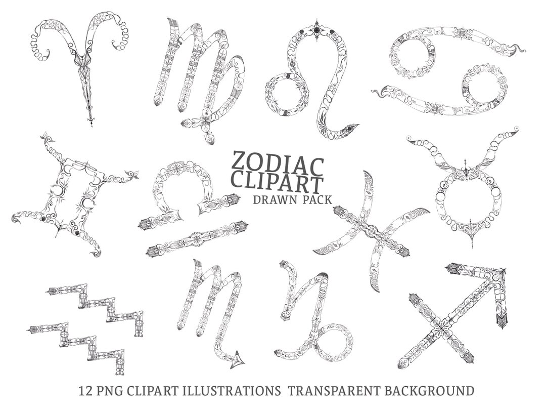 Zodiac Clipart Drawn 12 Pack PNG Vector Symbol Ornaments Night Stars ...