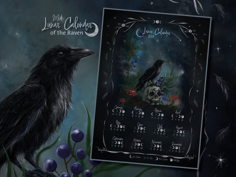 Raven Lunar Calendar 2024 Printable Crow Skull Flower Moon Stars Witch ...