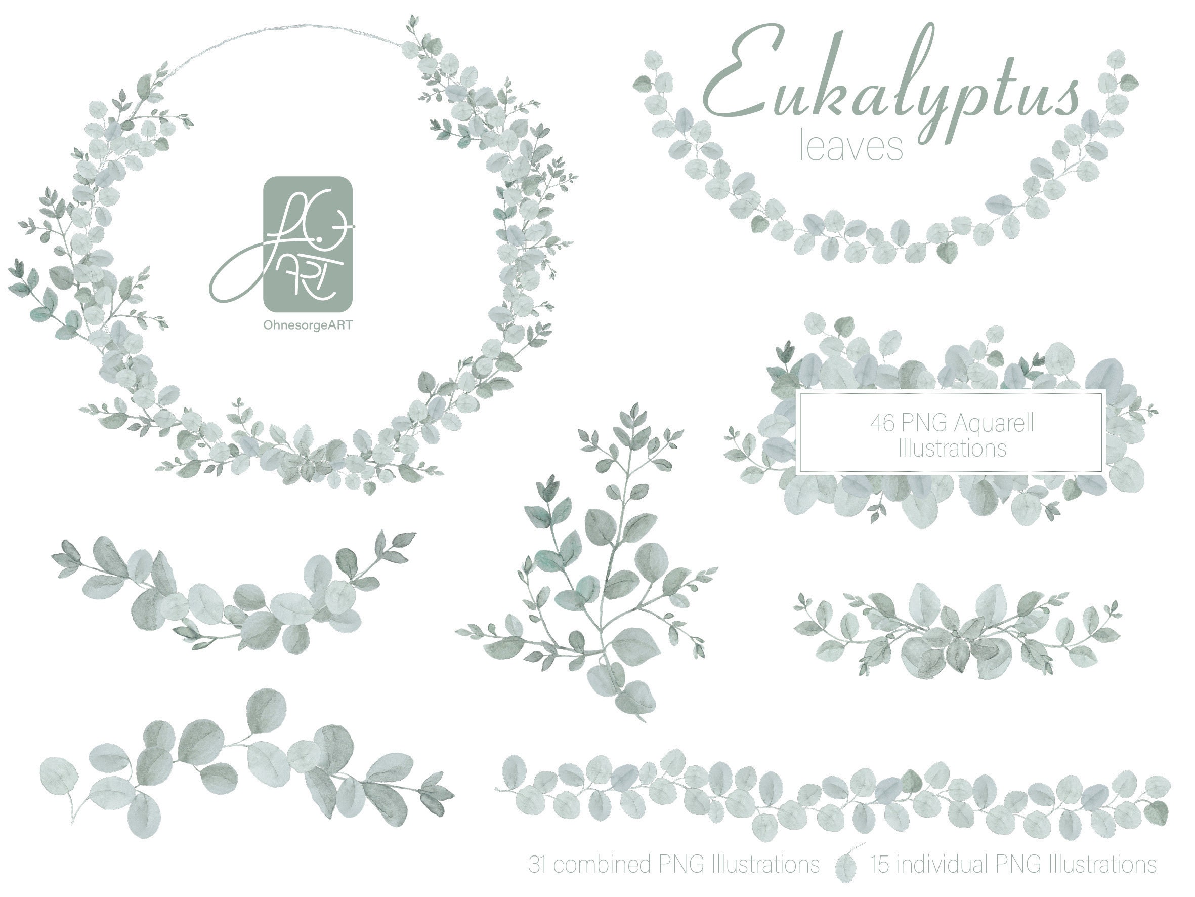 Eucalyptus Leaves Watercolor Clipart Greenery Corner Border Greenery ...