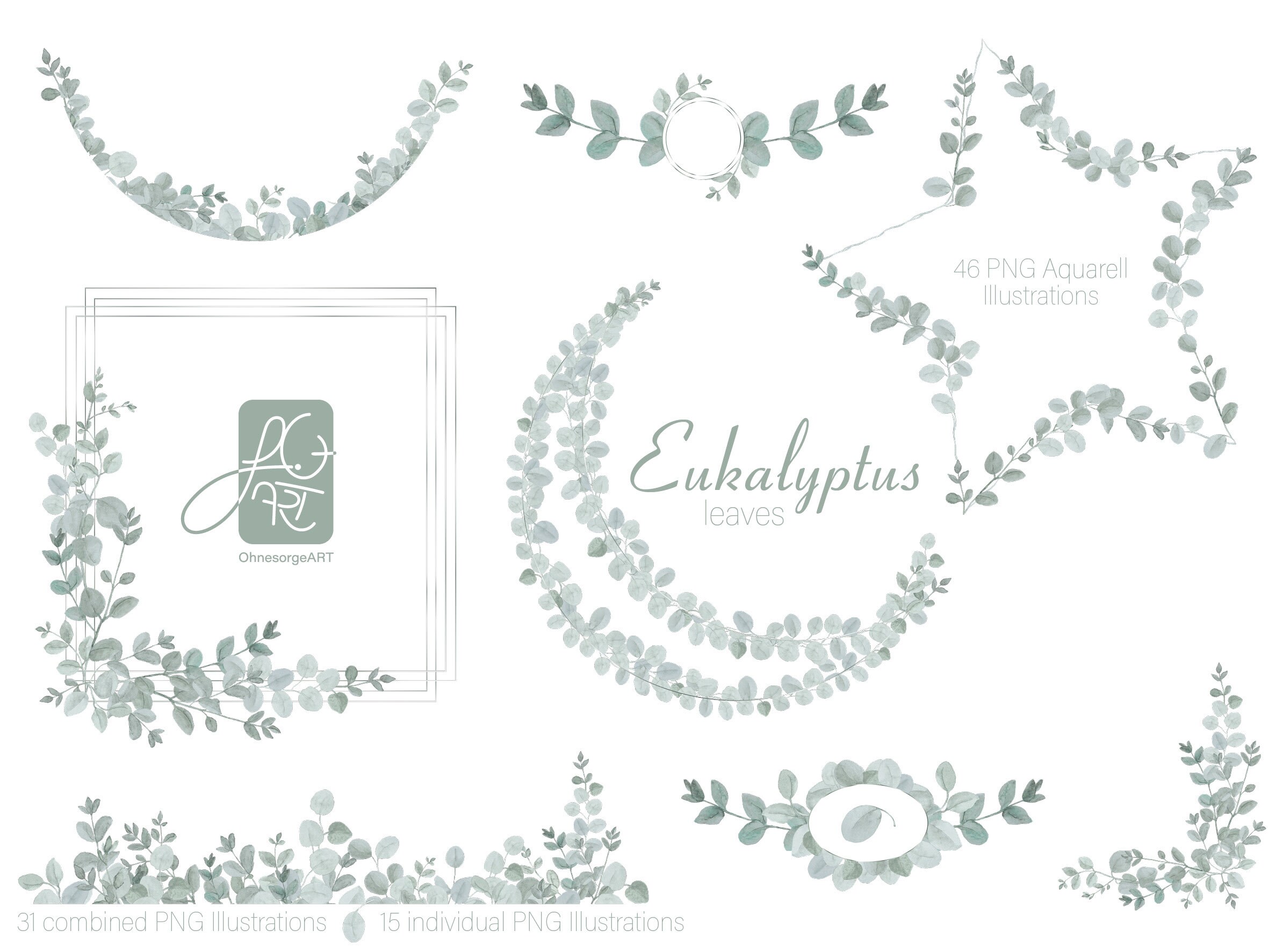 Eucalyptus Leaves Watercolor Clipart Greenery Corner Border Greenery ...