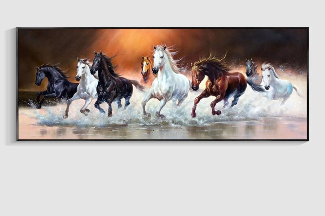 Eight Horses Dashing Across the Prairie Hand Painted Oil Painting ...