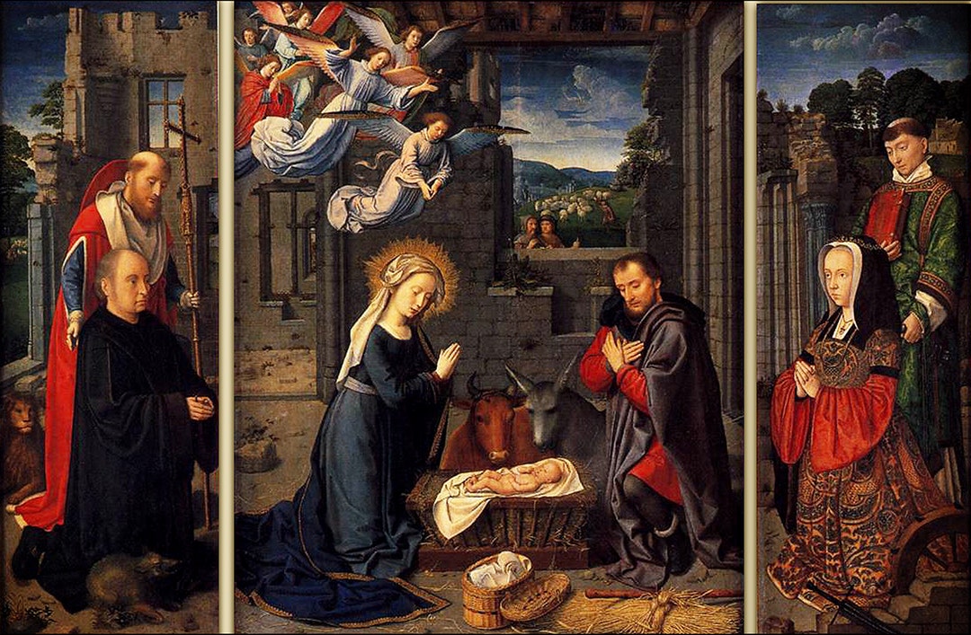 Gerard David - the Nativity With Donors and Saints Jerome and Leonard ...