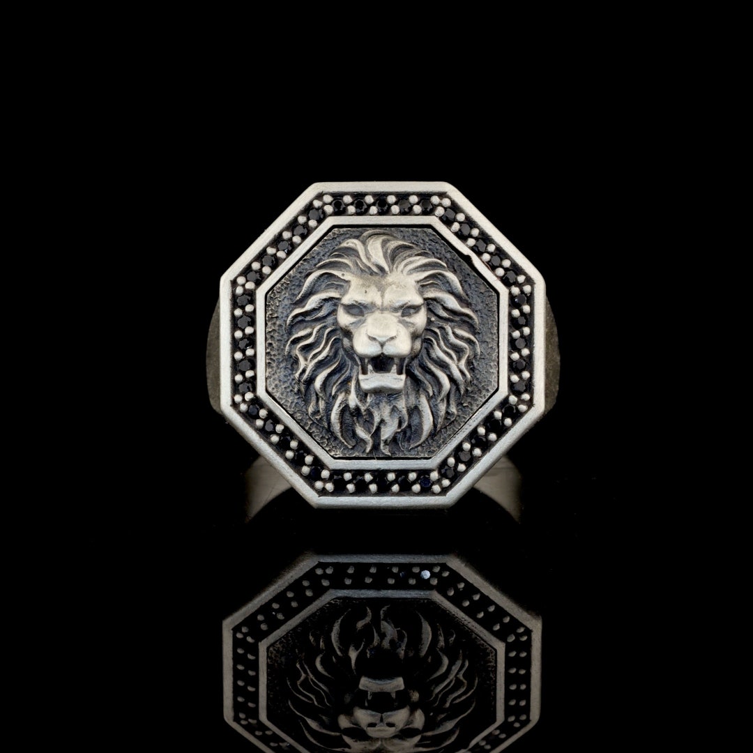 Lion Men's Ring, Handmade Sterling Silver Lion Signet Men Ring, Wild ...