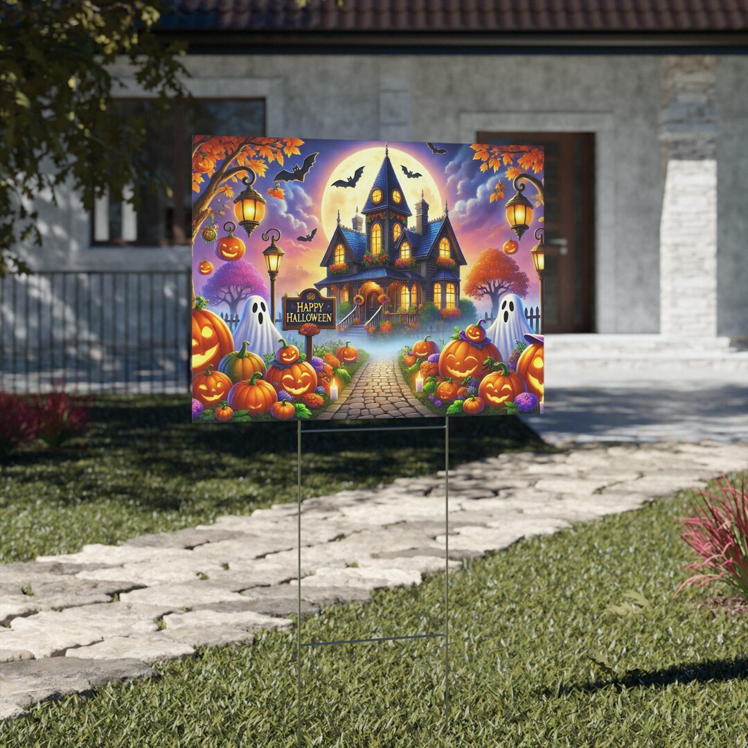 Happy Halloween Yard Sign Haunted House and Pumpkins Design, Durable ...
