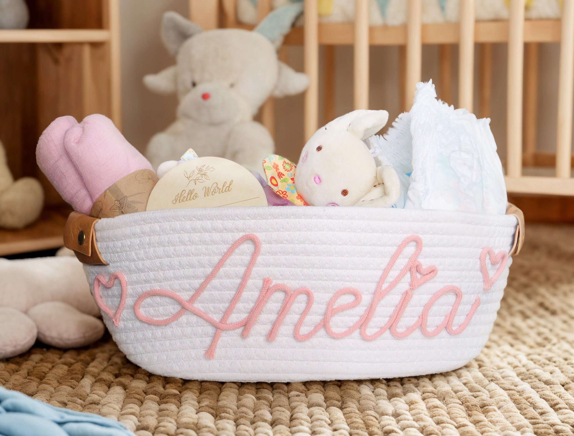 Custom Baby Basket, Personalized Baby Shower Gift Basket Rope Cotton ...