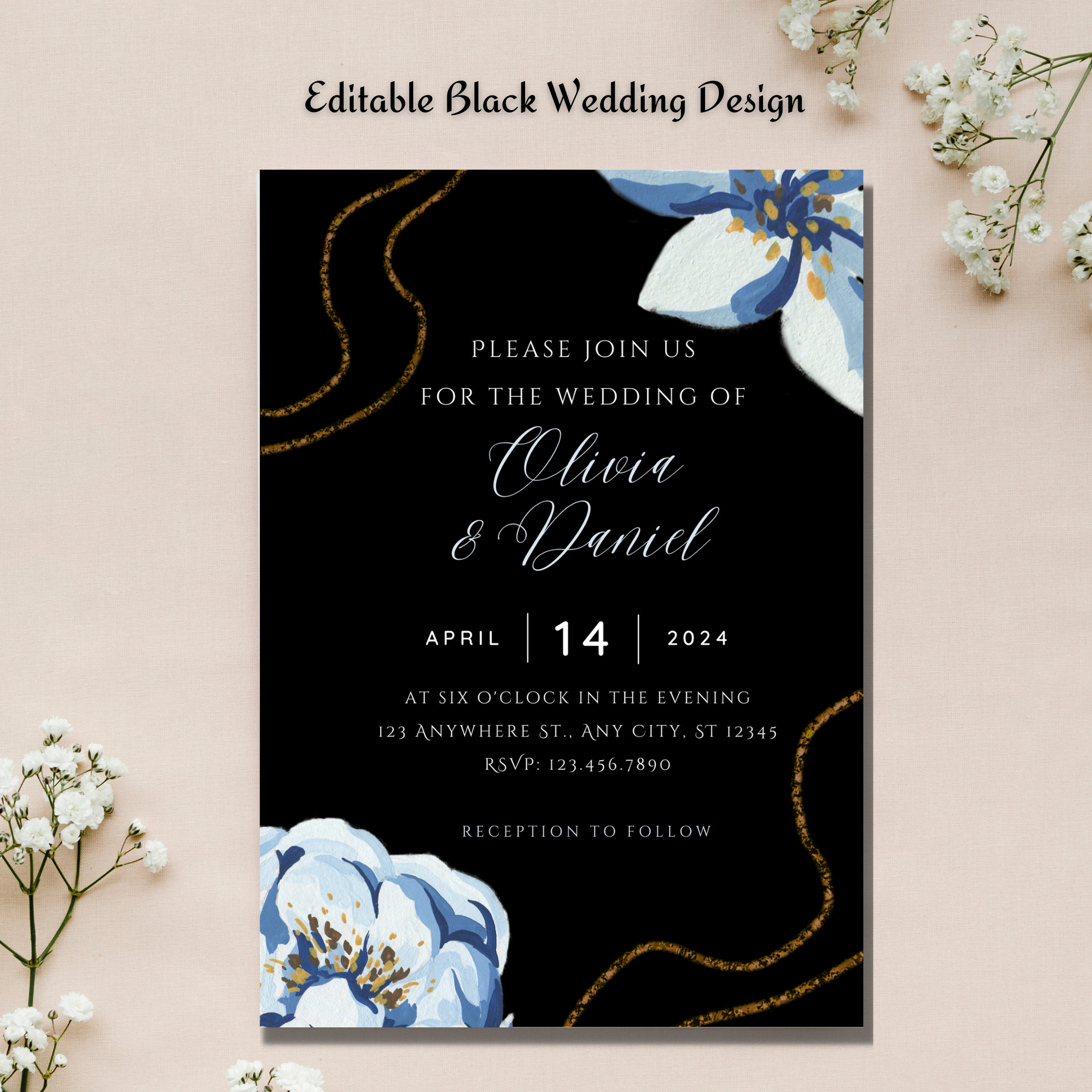 Editable Black Wedding Invitation Design - Etsy