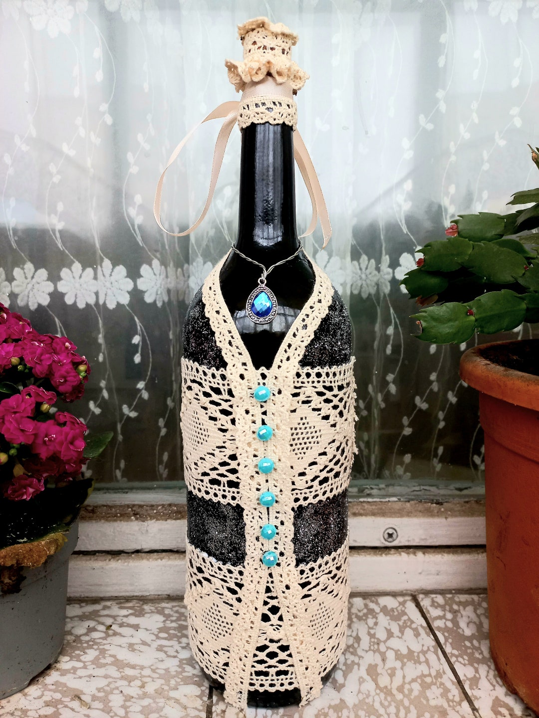 Large Wine Bottle/lace Dressed*cork Cap*blue Stone Bottle - Etsy