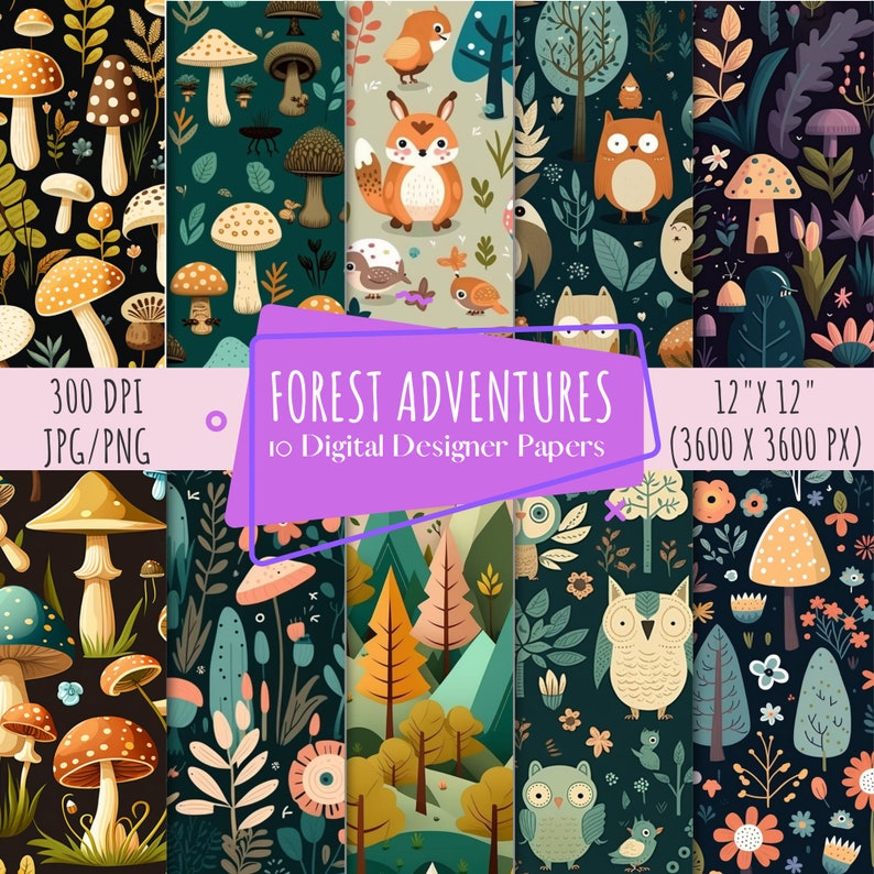 Forest Digital Paper, Woodland Forest Background, Mushroom Digital ...
