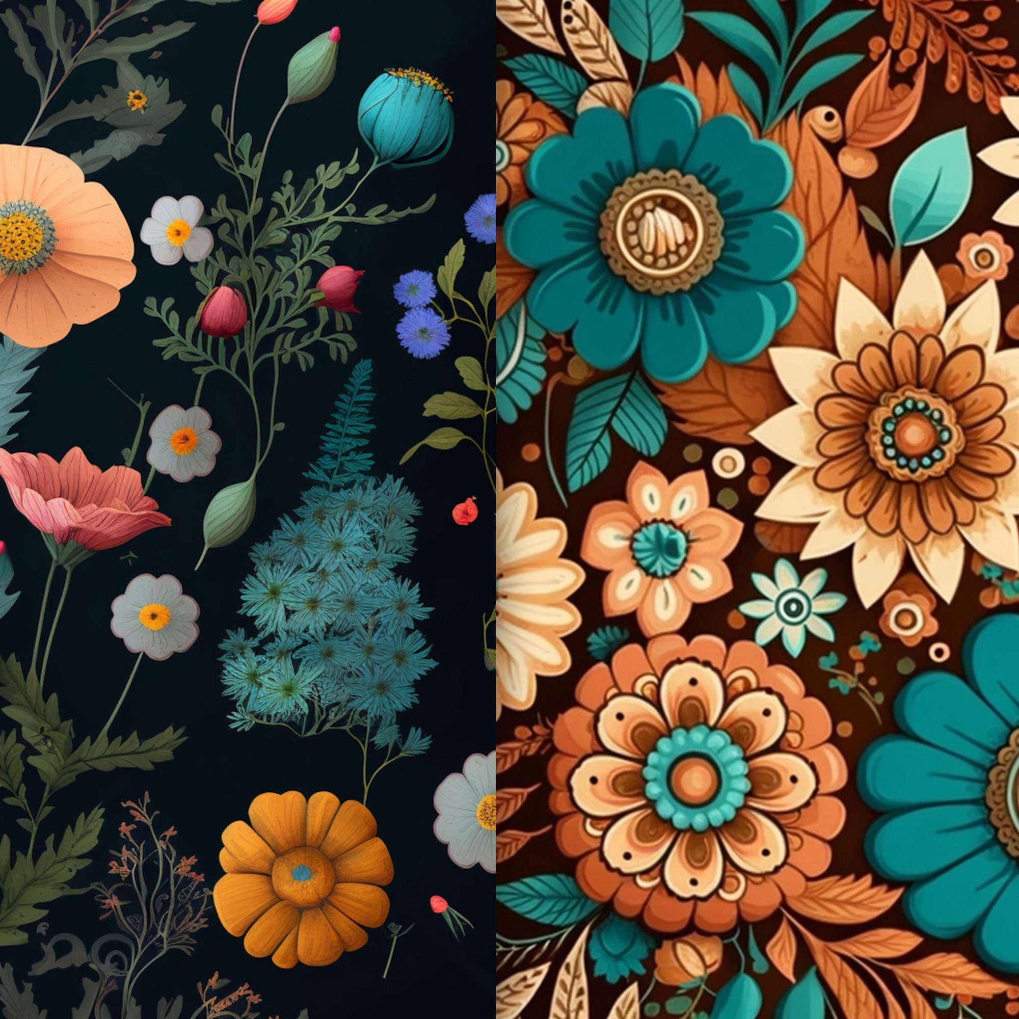 Boho and Vintage Flowers Digital Paper 70's Flower - Etsy