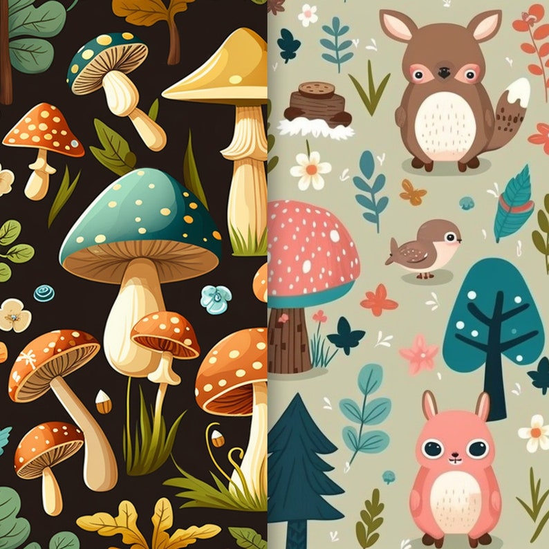 Forest Digital Paper, Woodland Forest Background, Mushroom Digital ...