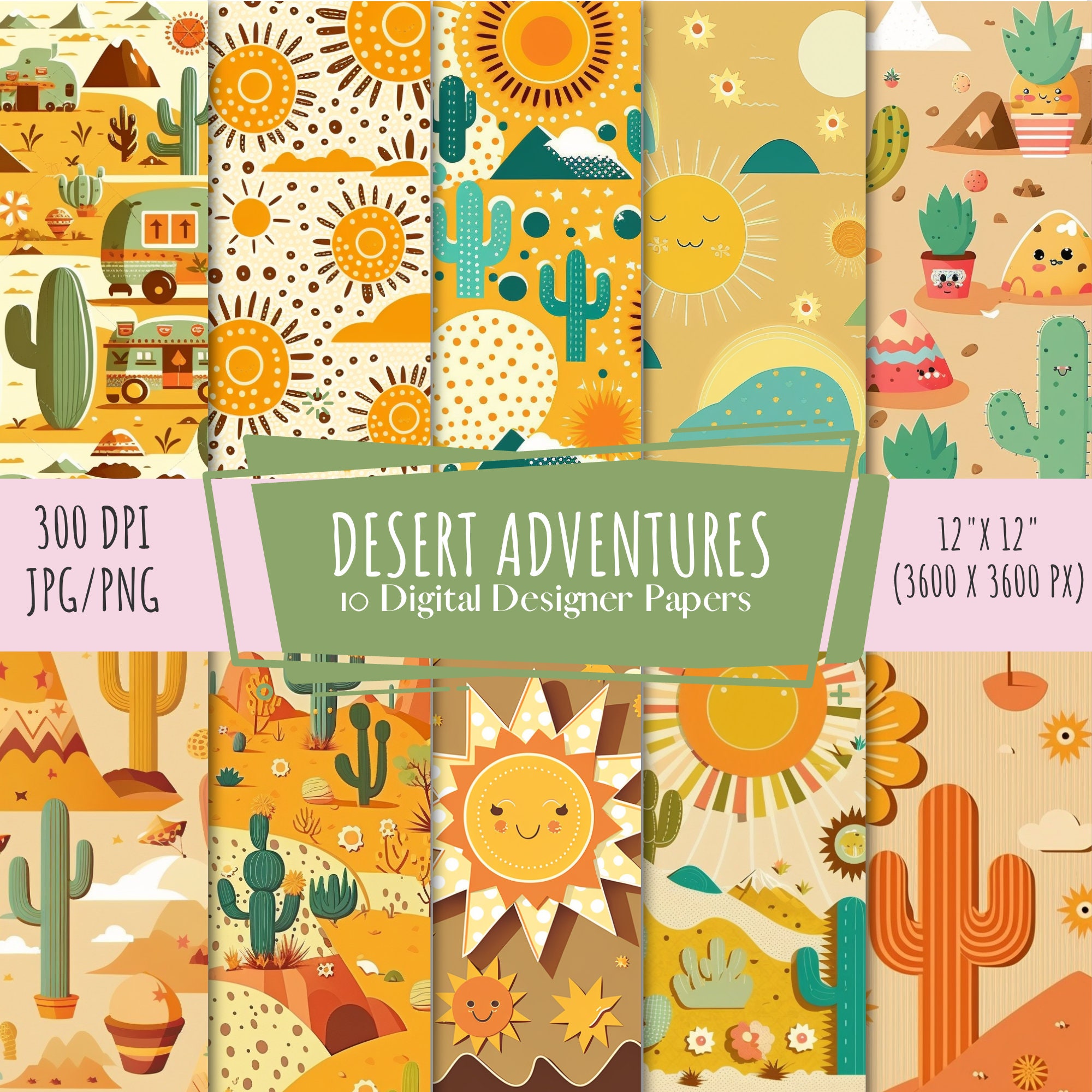 Desert Cactus Digital Paper Pack for Scrapbooking, Boho Vintage ...