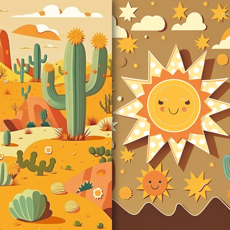 Desert Cactus Digital Paper Pack for Scrapbooking, Boho Vintage ...