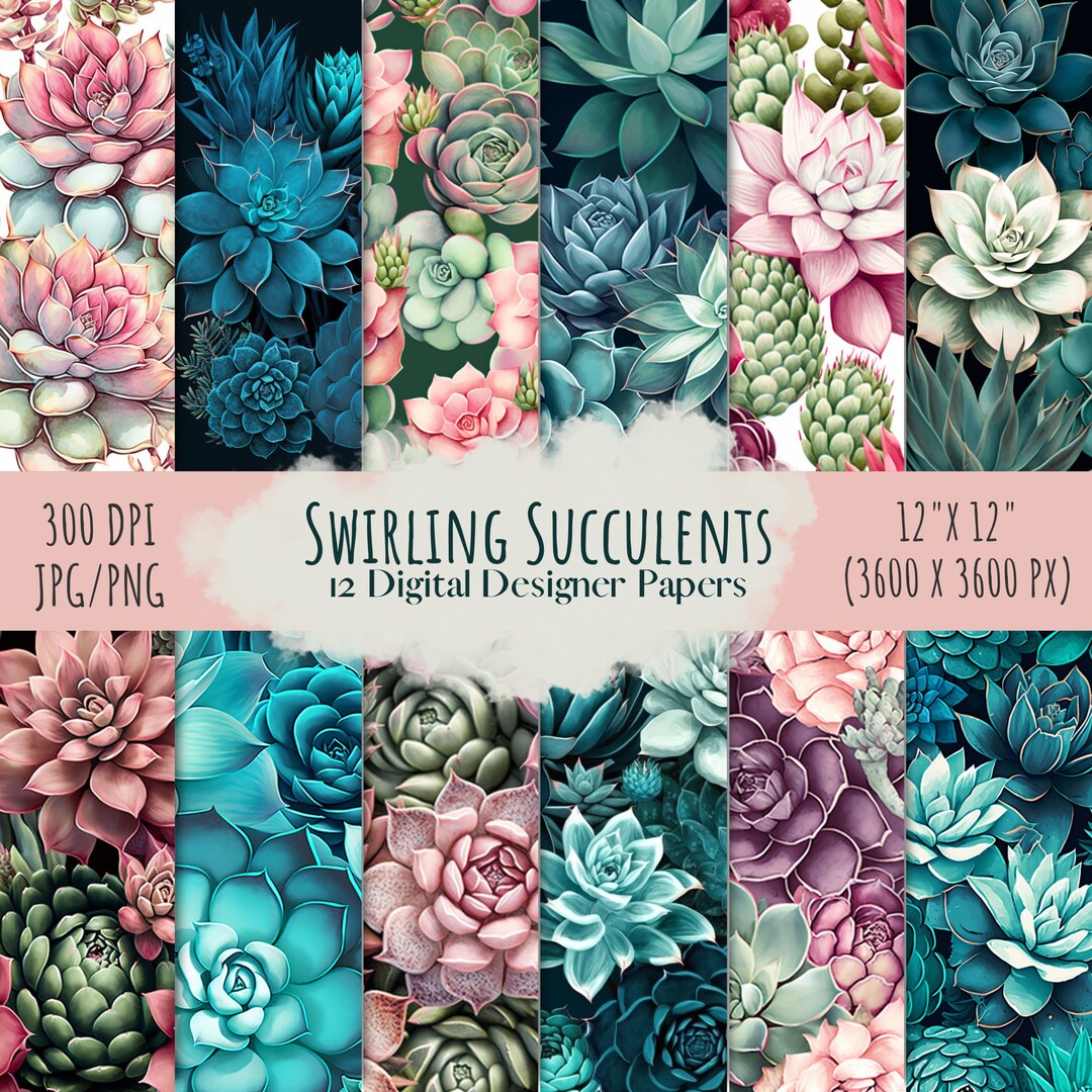 Pink and Blue Succulent Digital Paper, Cactus Digital Paper, Succulent ...