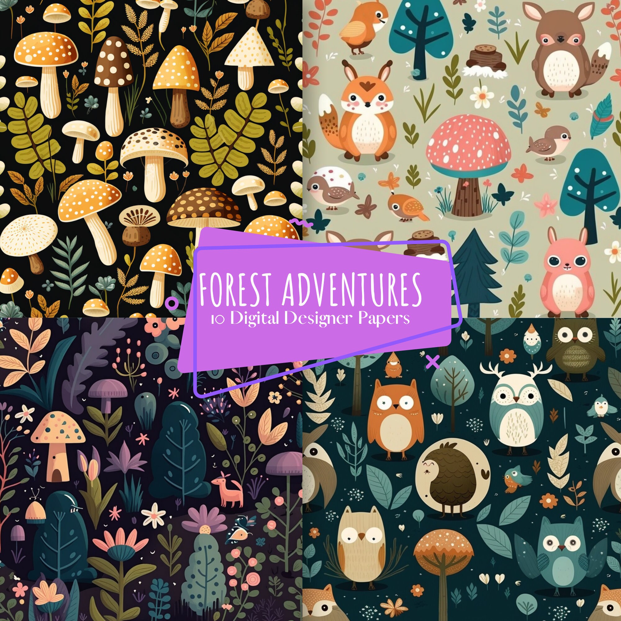 Forest Digital Paper, Woodland Forest Background, Mushroom Digital ...