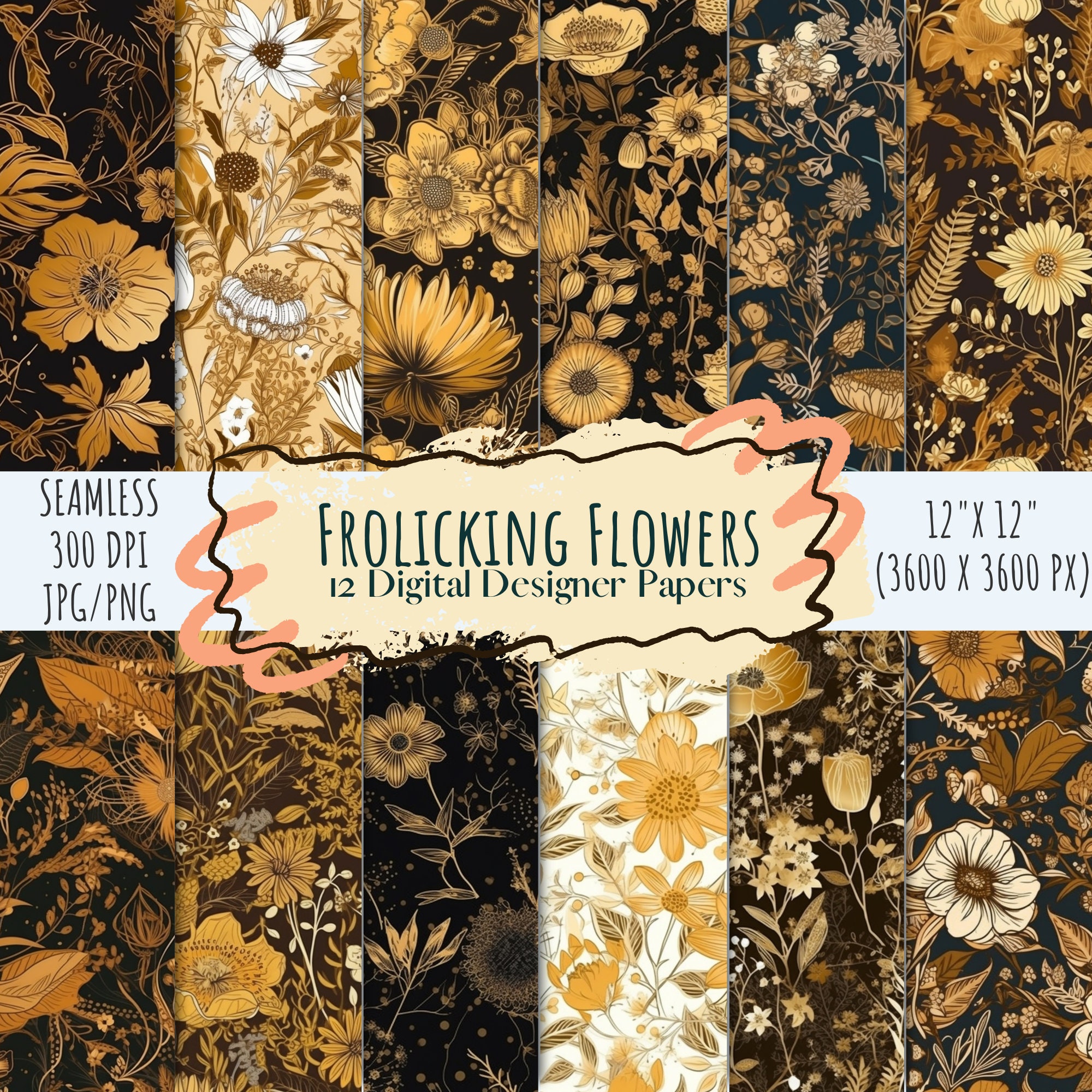 Floral Digital Paper,golden Flowers Digital Paper,boho Flowers Seamless ...
