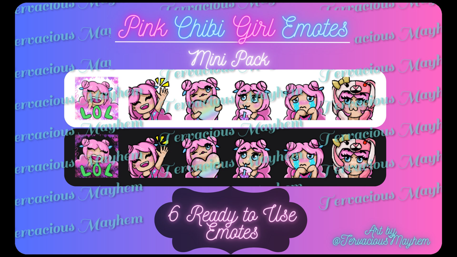 6pc Pink Chibi Girl Twitch/discord Emotes Mini Pack (female With Pink ...