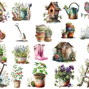Watercolor Spring Garden Clipart, Spring Flowers in Pots, Farmhouse ...