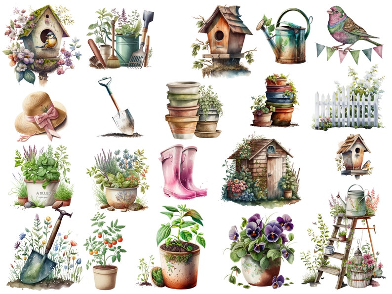 Watercolor Spring Garden Clipart, Spring Flowers in Pots, Farmhouse ...