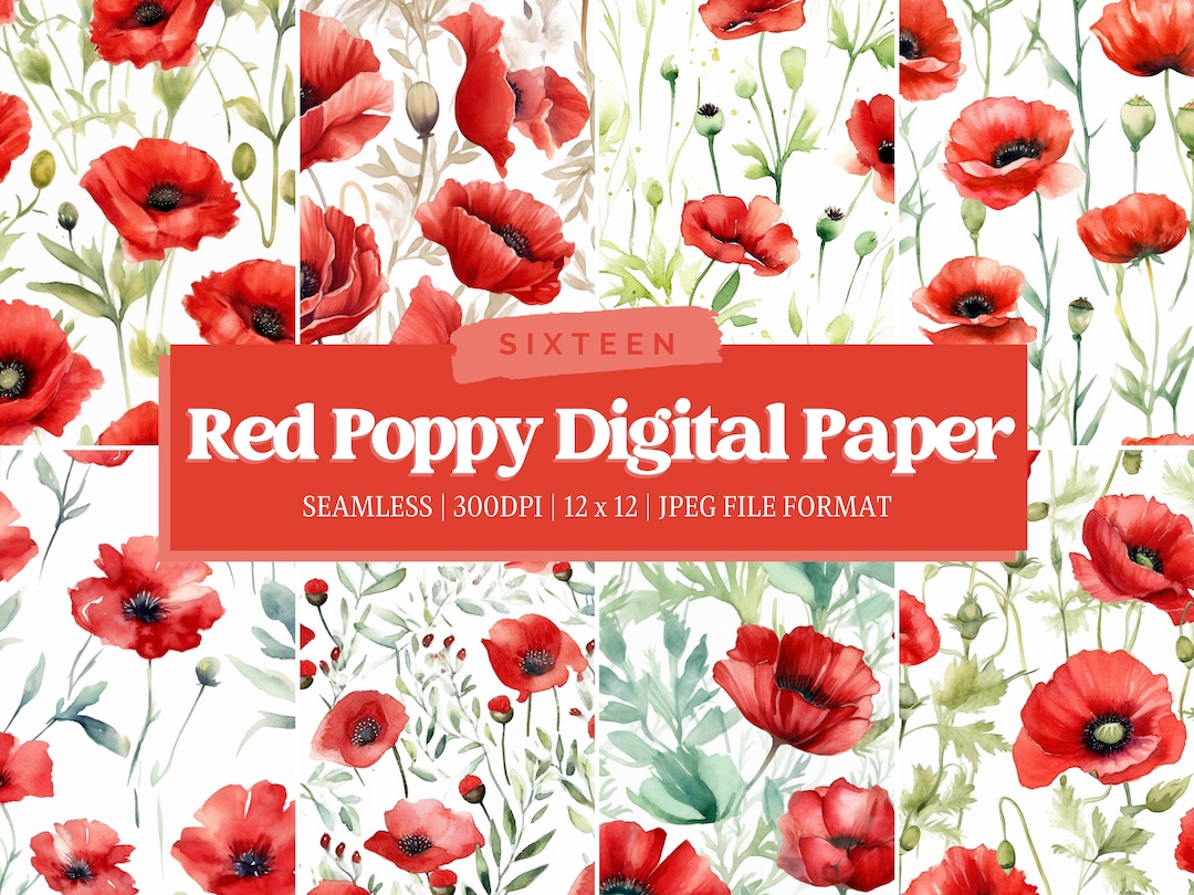 Red Poppy Digital Paper, Poppy Digital Paper, Floral Digital Paper ...