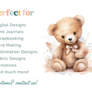 Watercolor Teddy Bear PNG Clipart Bundle, Baby Shower Clipart, Vintage ...