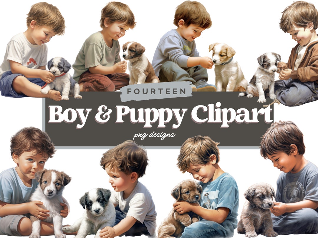 Watercolor Boy and Puppy PNG Clipart, Puppy Clipart, Boy Clipart, Cute ...