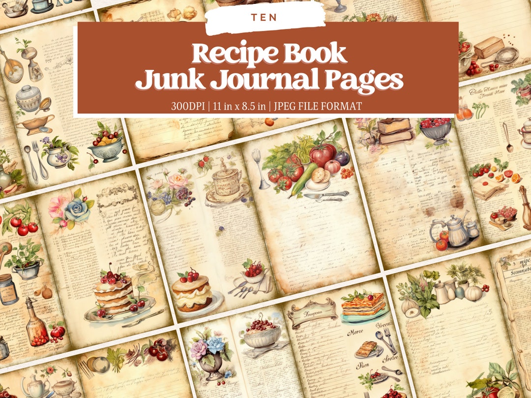 Vintage Cookbook Junk Journal Pages, Digital Scrapbook Paper Kit ...