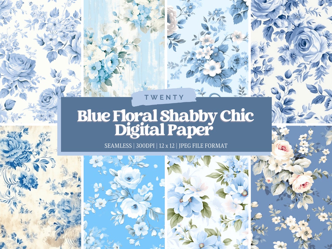Blue Floral Shabby Chic Digital Paper, Seamless Design, Web Background ...