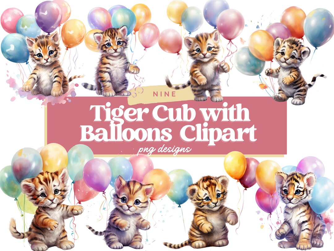 Watercolor Tiger Cub With Balloons Clipart, Tiger PNG, Tiger Cub ...