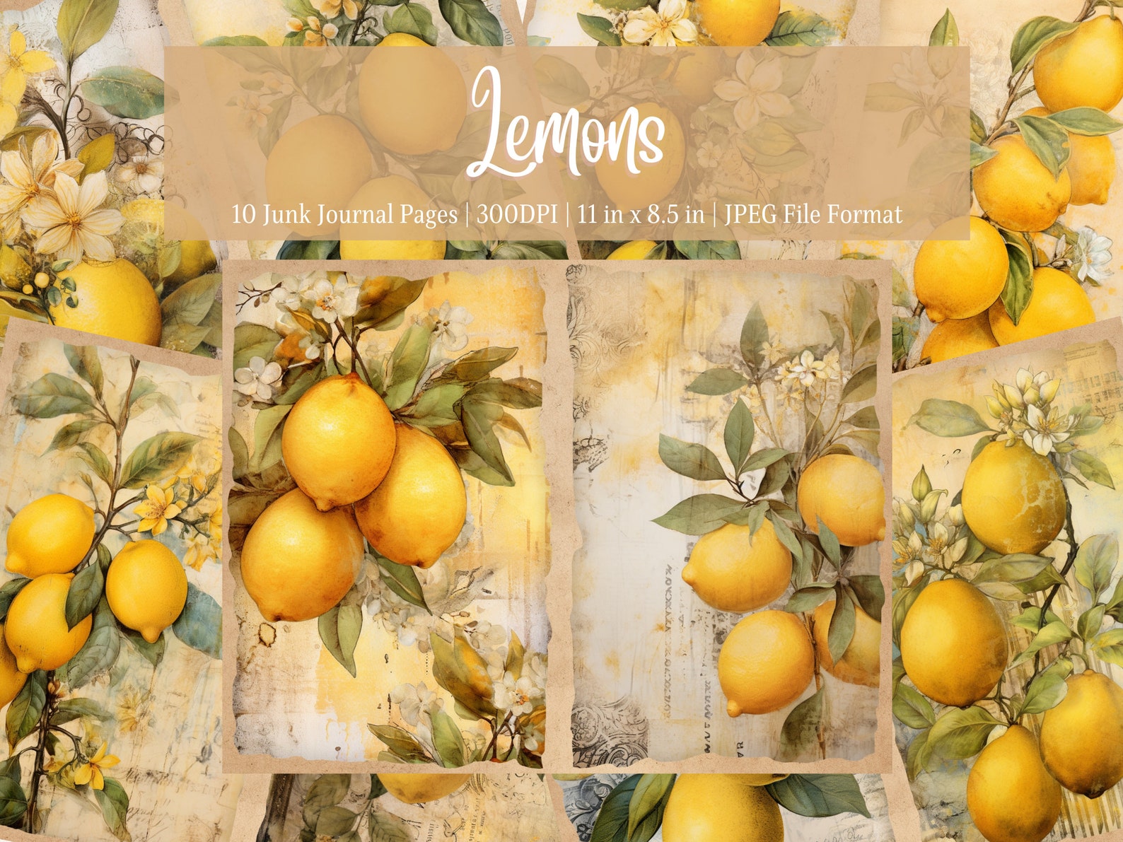 Lemon Junk Journal Pages, Digital Scrapbook Paper Kit, Fruit Printable ...