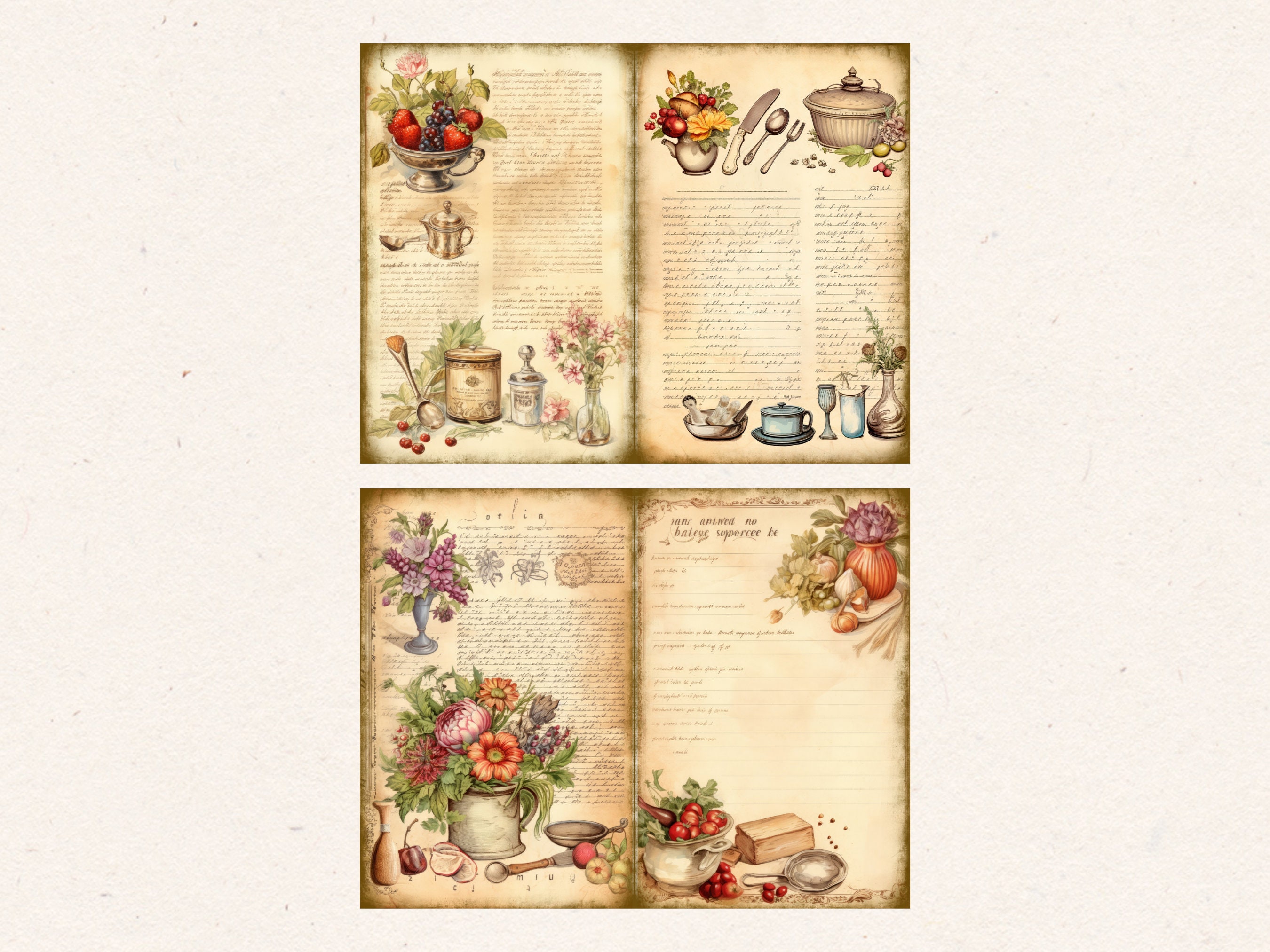 Vintage Cookbook Junk Journal Pages, Digital Scrapbook Paper Kit ...