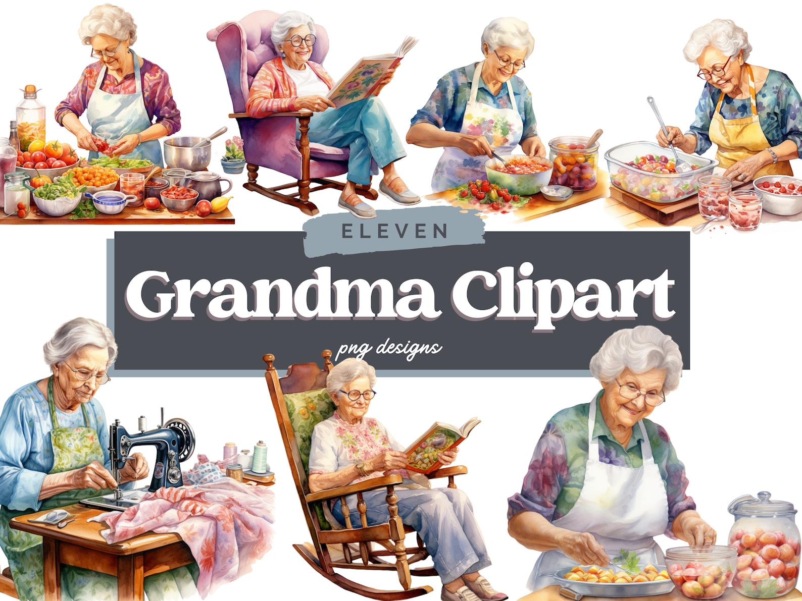 Aquarell Oma Clipart Bundle, Oma PNG, Nana, Kochen, Stricken, Nähen ...