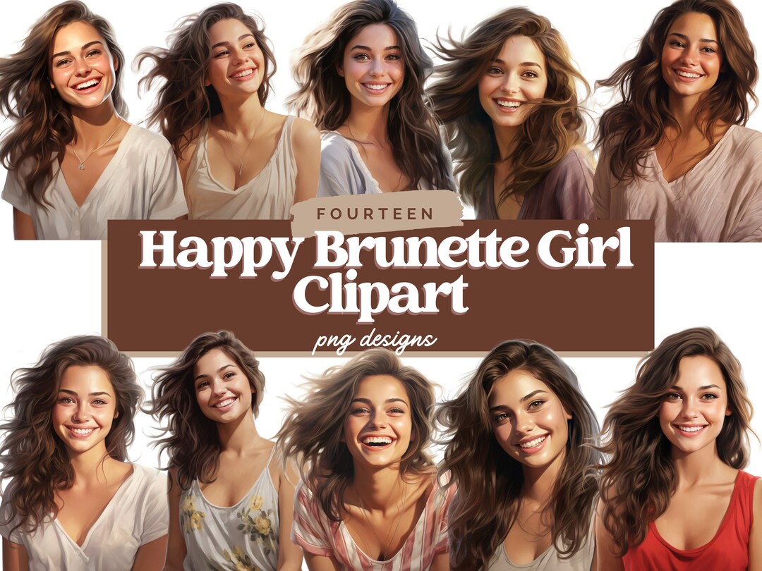 Watercolor Happy Brunette Girl Clipart, PNG, Clipart Elements, Summer ...