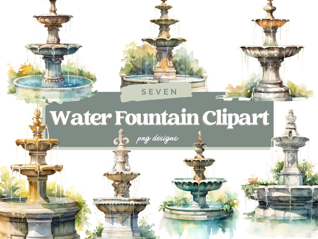 Watercolor Water Fountain Clipart Bundle, PNG, Commercial Use, Water ...
