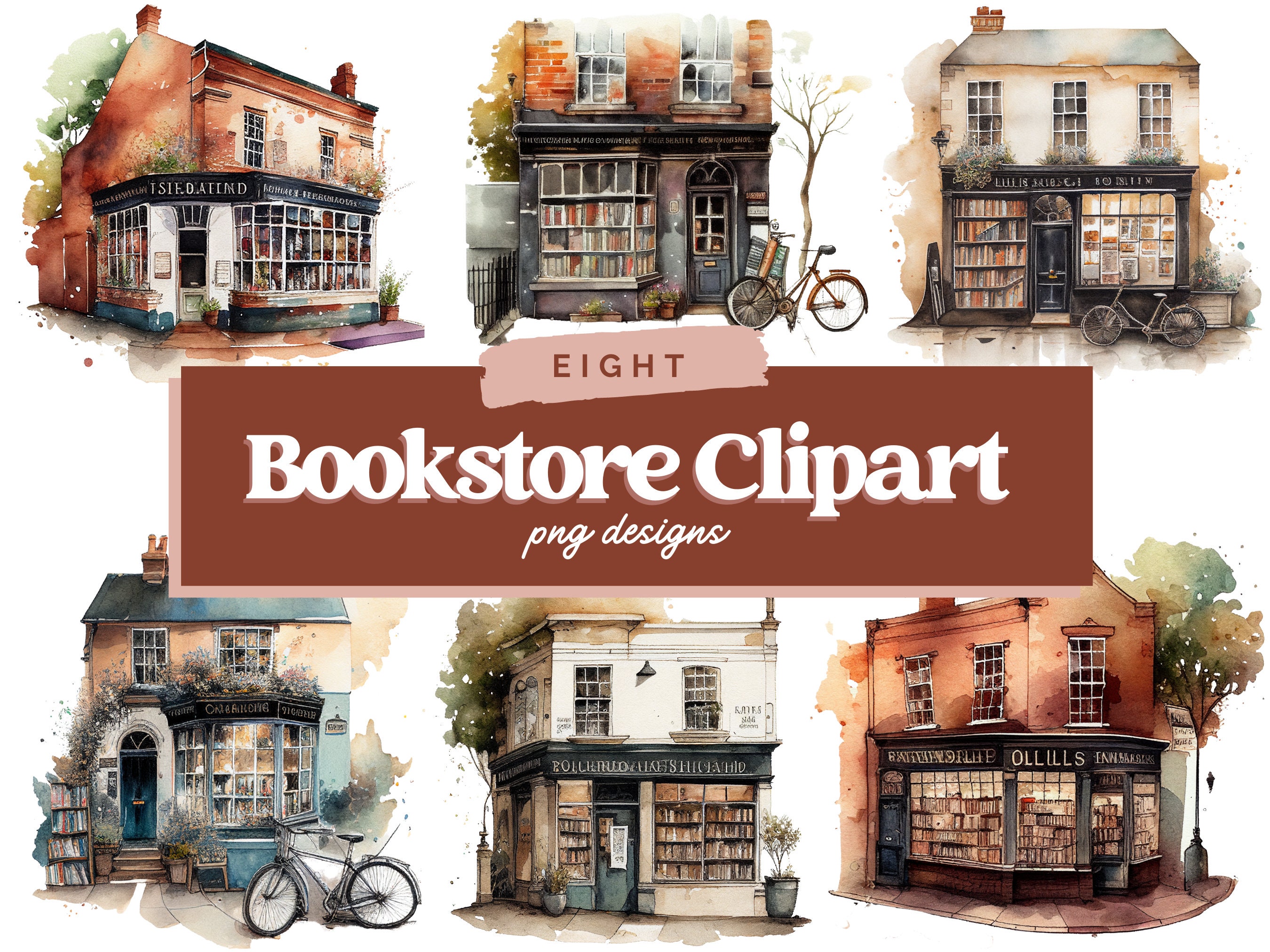 Bookstore Clipart Bundle, Book Shop , Watercolour Shop Illustration ...