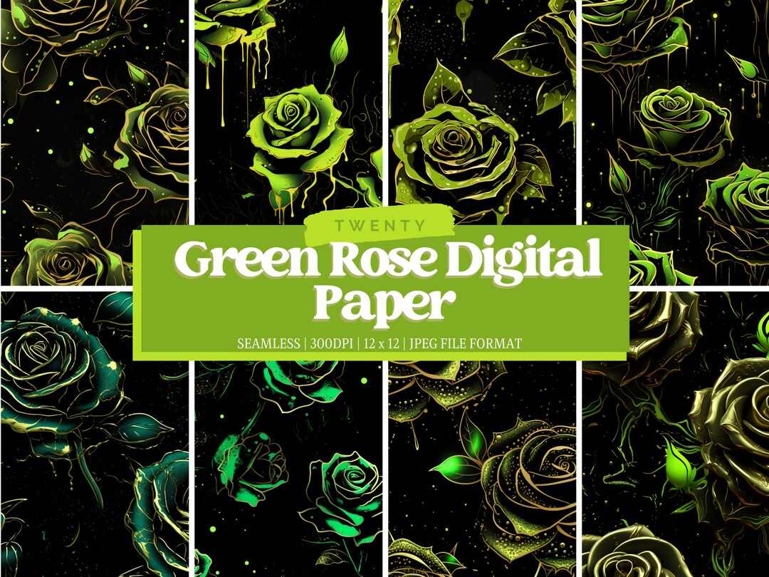 Green Rose Digital Paper, Floral Paper, Neon Paper, Seamless Design ...