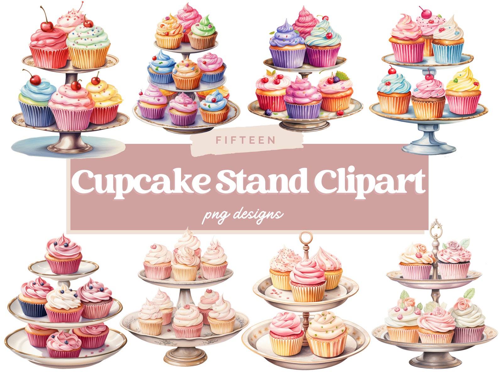 Cupcake Stand Clipart Dessert PNG Bundle Kawaii Food - Etsy