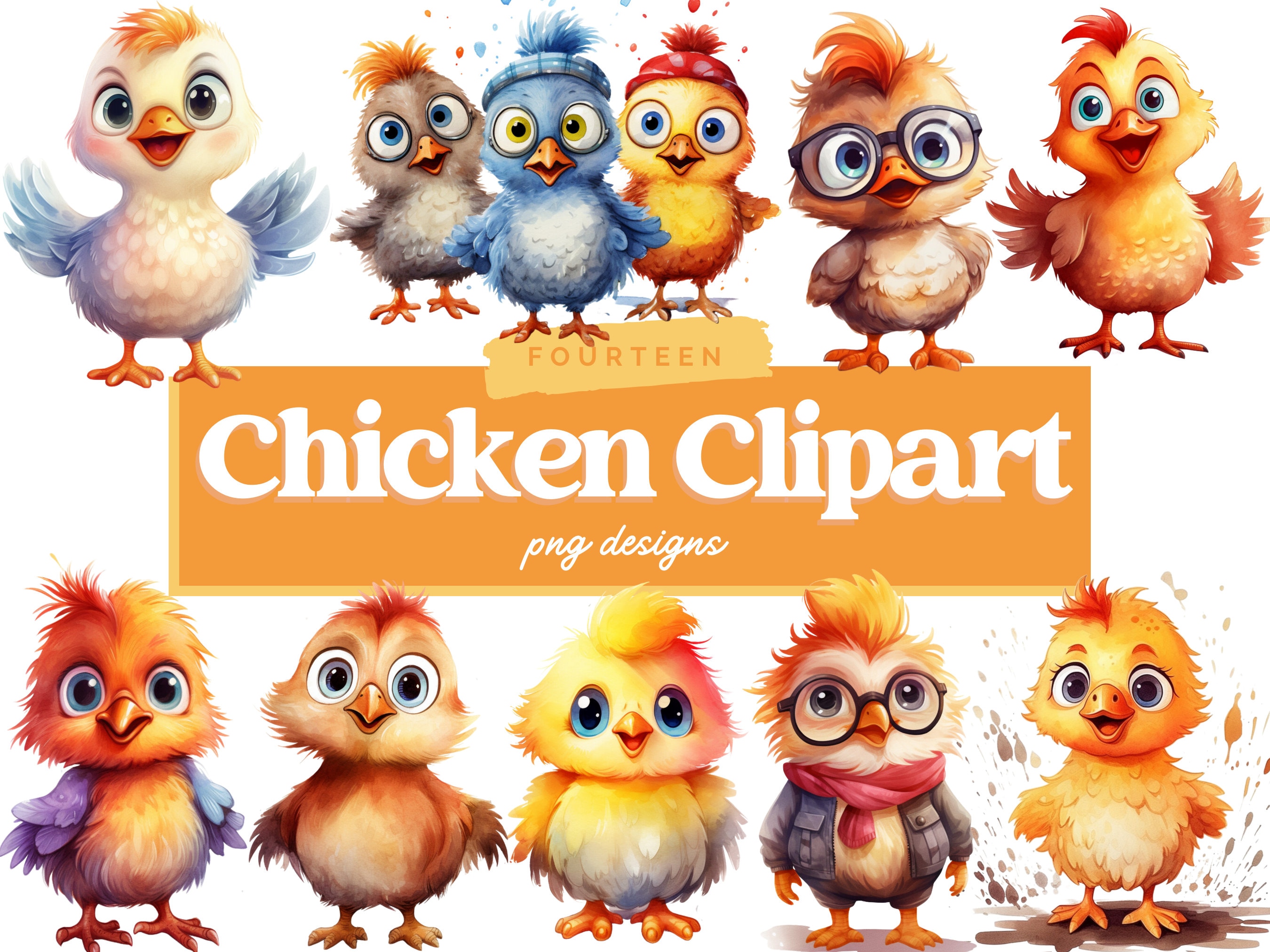 Chicken Clipart Bundle, Chicken PNG, Cartoon Chicken, Watercolor ...