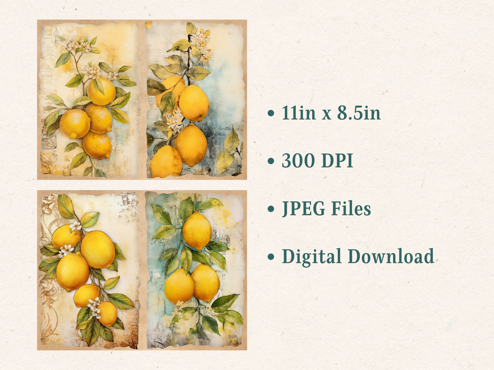 Lemon Junk Journal Pages, Digital Scrapbook Paper Kit, Fruit Printable ...