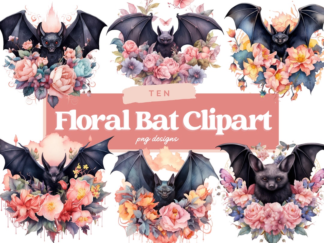 Watercolor Floral Bat PNG Clipart, Commercial Use Illustration Bundle ...