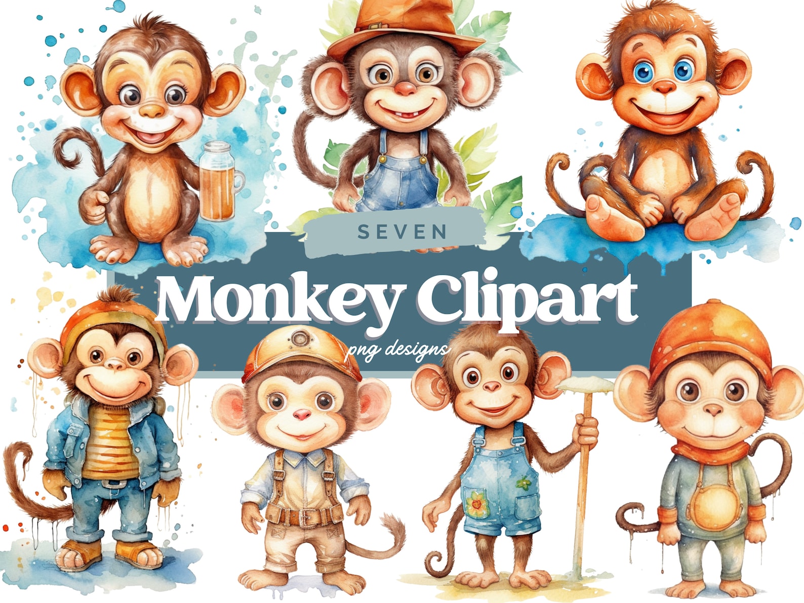 Monkey Watercolor Clipart, Monkey PNG, Cute Baby Shower Graphics ...
