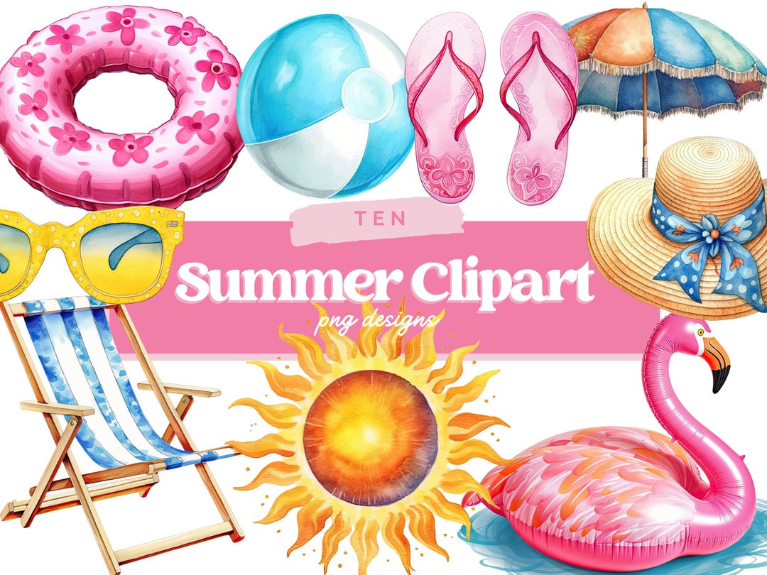 Watercolor Summer CLIPART - Seasonal, Sun, Beach, Ice Cream, Lawn Chair ...