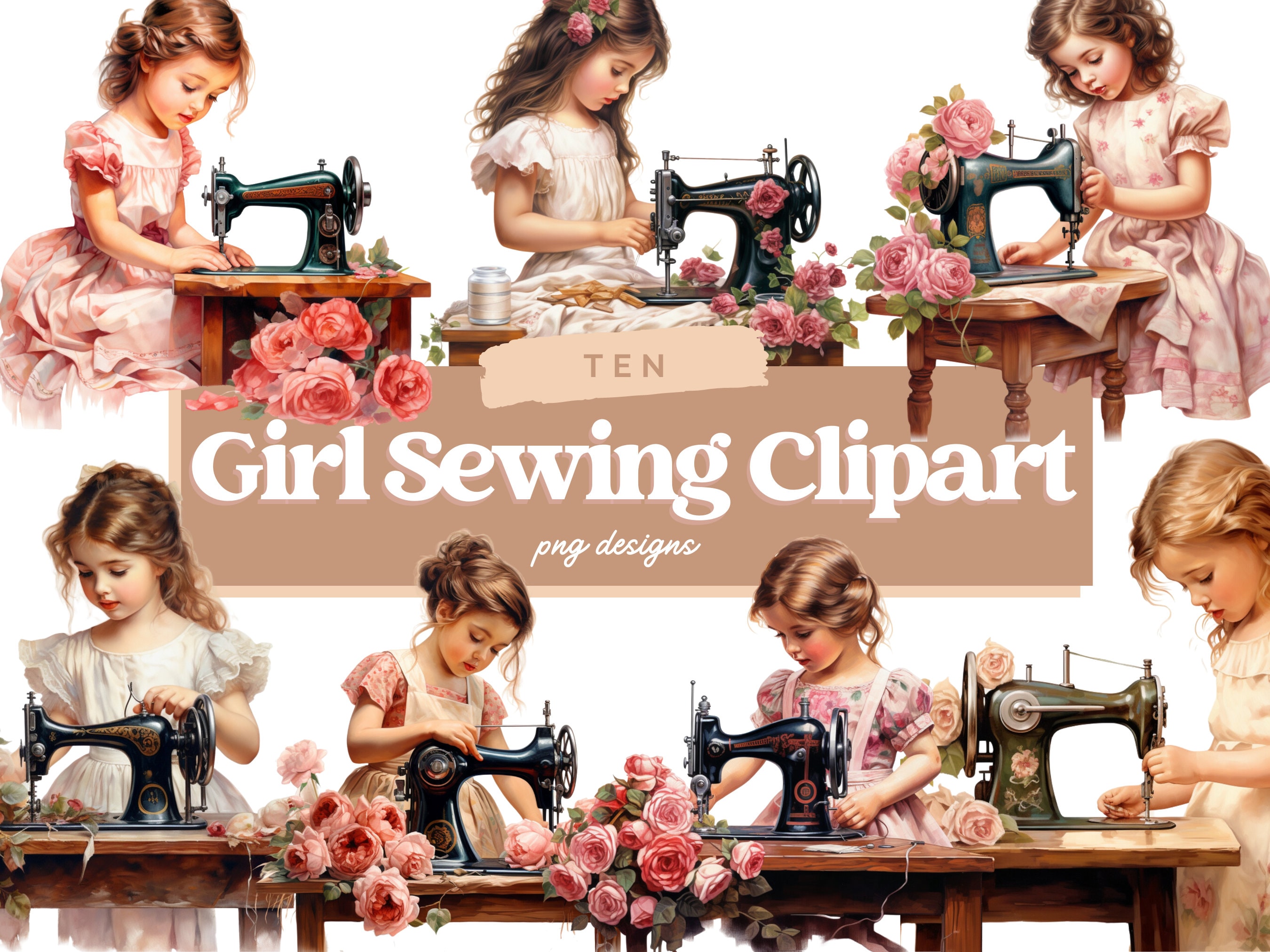 Watercolor Girl Sewing PNG Clipart, Sewing Table PNG, Young Girl PNG ...