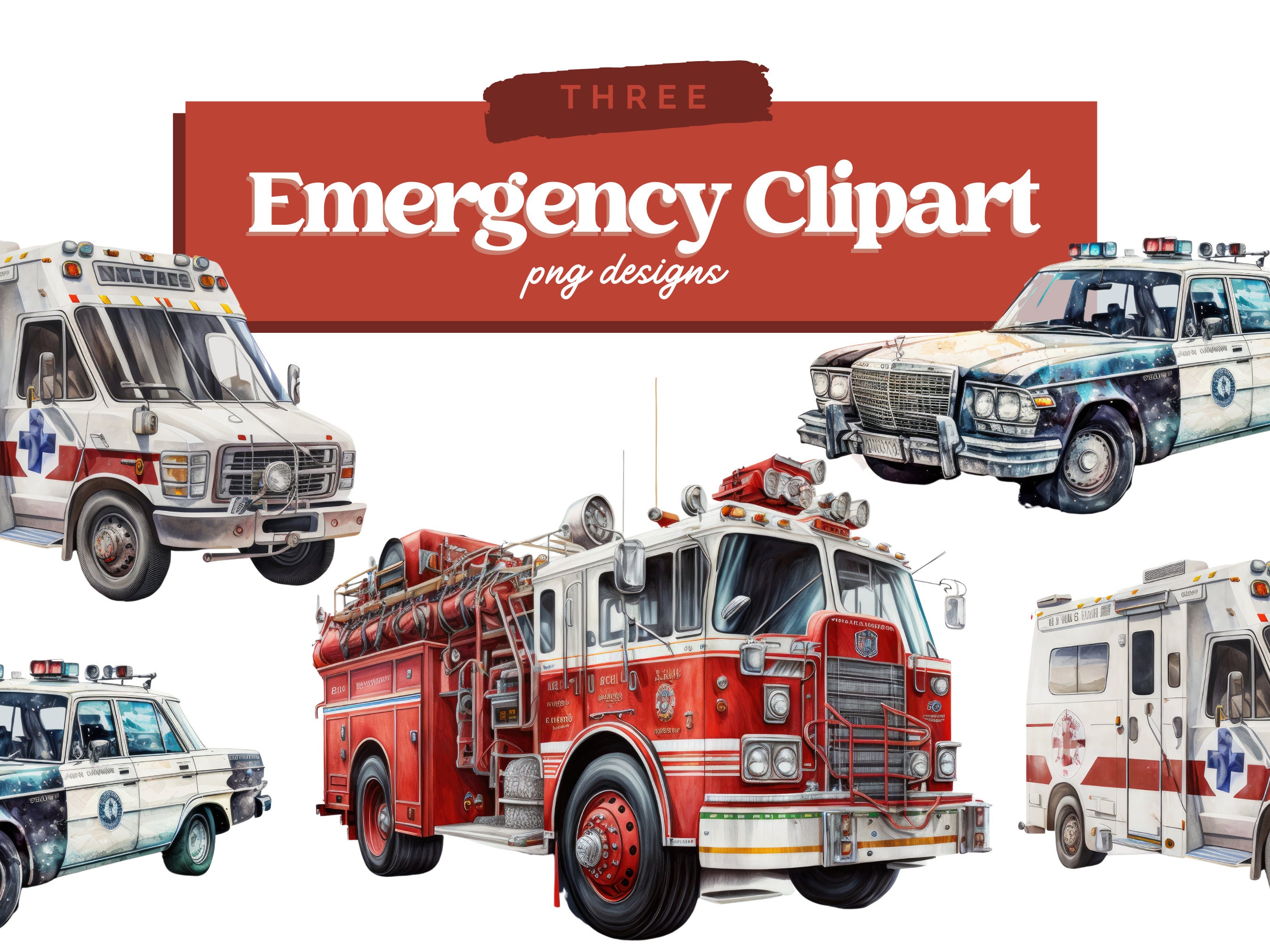 WATERCOLOR CLIPART, Rescue Vehicles Art Scrapbooking Library Png ...