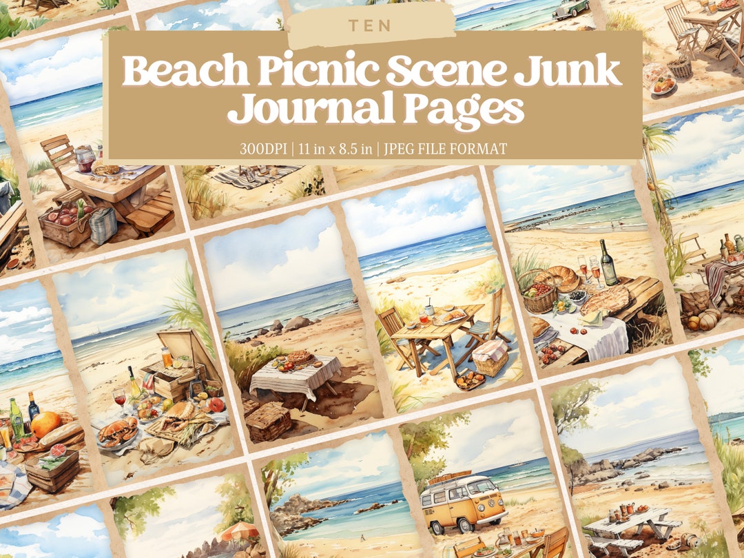 Beach Picnic Scene Junk Journal Pages, Digital Download, Scrap Book ...